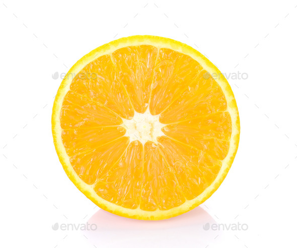 Orange cut pieces on white background. Stock Photo by poungsaed_eco
