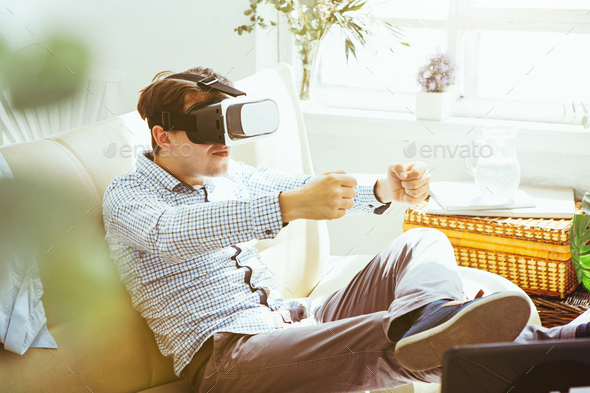 The man with glasses of virtual reality. Future technology concept ...