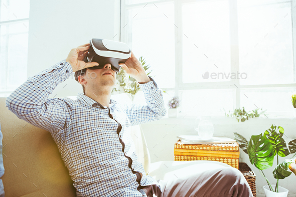 The man with glasses of virtual reality. Future technology concept ...