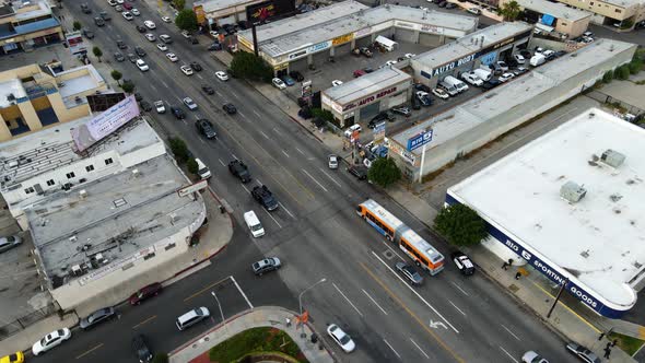 Aerial view around the SWAT team driving on streets of Los Angeles, USA ...