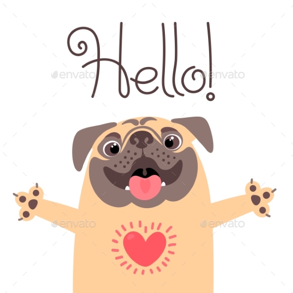 Greeting Card with Pug Saying Hello by Baksiabat | GraphicRiver
