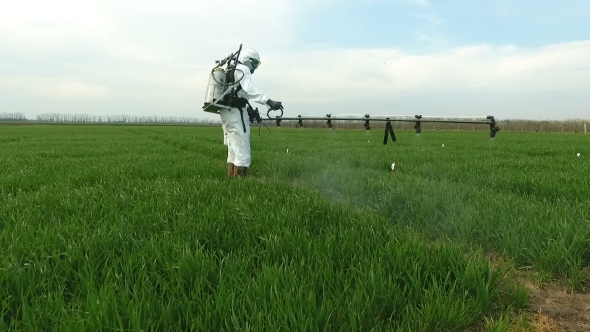 Spraying Fields With Herbicides. Farmer in Protective Clothing Working ...