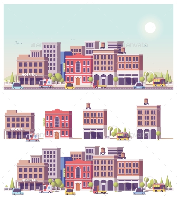 Vector Low Poly 2d Buildings and City Scene by tele52 | GraphicRiver