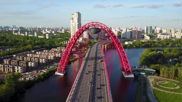 Aerial View at Red Zhivopisny Bridge in Moscow City, Stock Footage