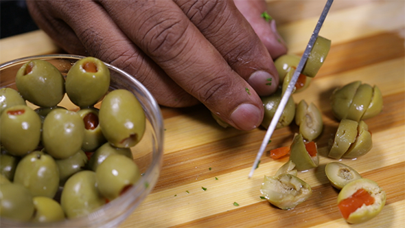Chopping Green Olives, Stock Footage | VideoHive