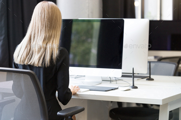 Back view portrait of a casual businesswoman working on computer Stock ...