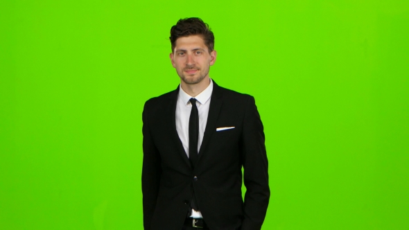 Man Is Going To a Business Meeting and Waving Greetings. Green Screen ...