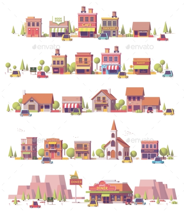 Vector Low Poly 2d Small Town Scenes by tele52 | GraphicRiver