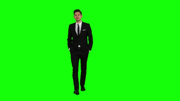 Man Is Going To a Meeting and Waving Greetings. Green Screen, Stock Footage