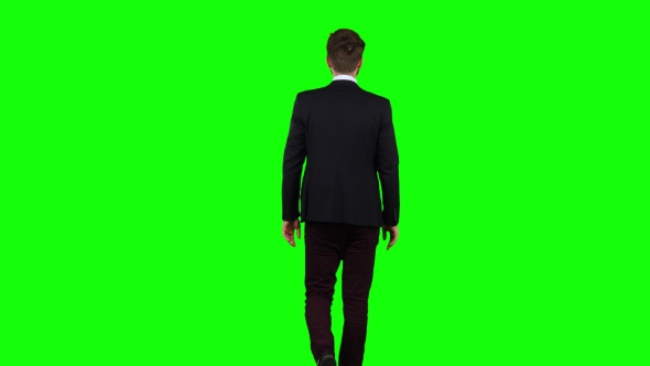 Man Is Going To a Meeting and Waving Greetings. Green Screen, Stock Footage