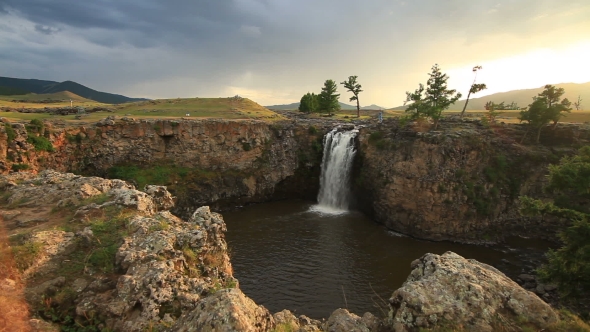 Sunset Over Waterfall Ulaan Tsutgalan, Mongolia., Stock Footage | VideoHive