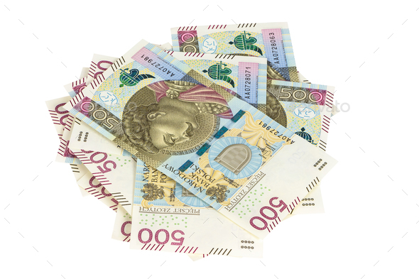 Heap of 500 pln banknotes on white background Stock Photo by mkos83