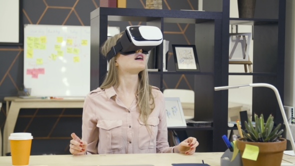 Young Creative Girl Uses Vr Glasses at Workplace, Stock Footage | VideoHive