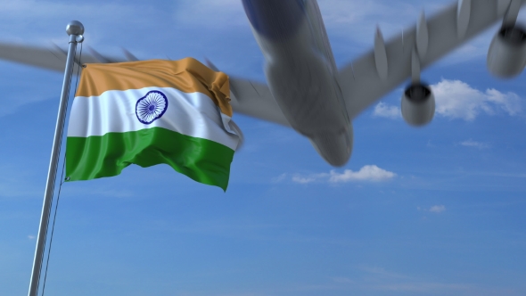 Commercial Airplane Landing Behind Waving Indian Flag, Motion Graphics