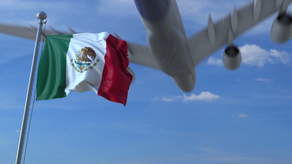 Commercial Airplane Landing Behind Waving Mexican Flag, Motion Graphics