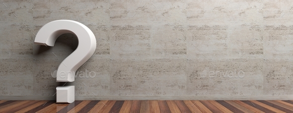 Question mark on wooden floor and marble wall background. 3d ...