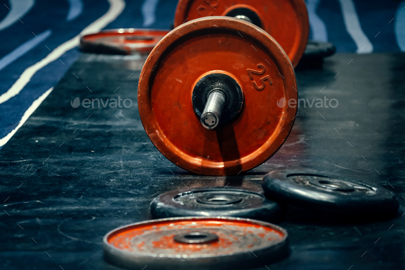 Barbell and discs in gym Stock Photo by realsportsphotos | PhotoDune