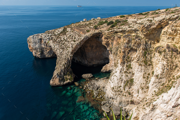 Blue grotto cave in Malta. Natural limestone arch over a lagoon Stock ...