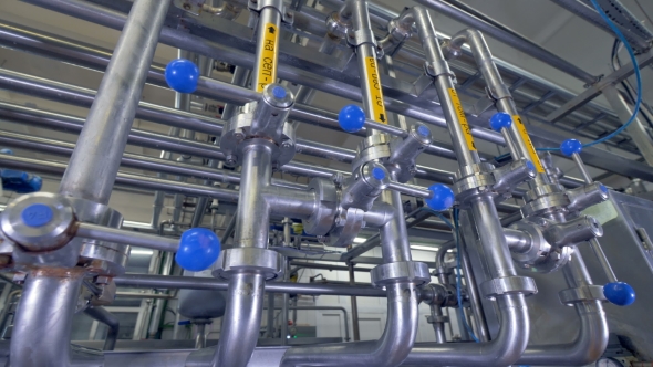 Dairy Factory Pipes with Blue Stop Handles, Stock Footage | VideoHive