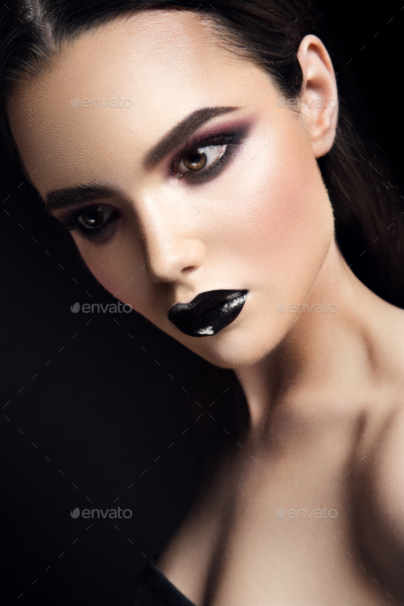 Beauty Fashion Model Girl with Black Make up. Dark Lipstick. Stock ...