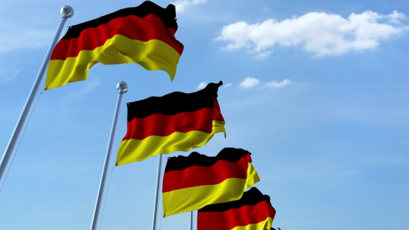 Row of Waving Flags of Germany Agaist Blue Sky, Motion Graphics | VideoHive