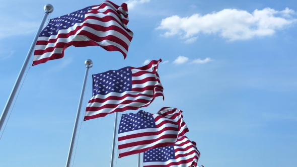 Row of Waving Flags of the United States Agaist Blue Sky, Motion Graphics