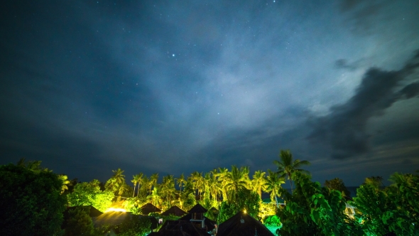 Night Sky of with Stars Over the Rainforest, Palms and Bungalows on ...