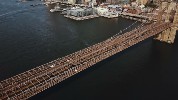 Aerial Top View of the Brooklyn Bridge in New York, America. Flying ...