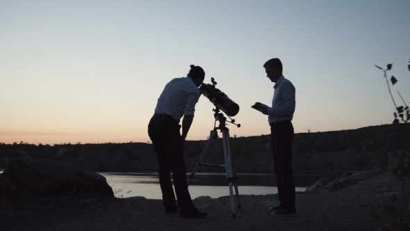 Men Exploring Space with Telescope, Stock Footage | VideoHive