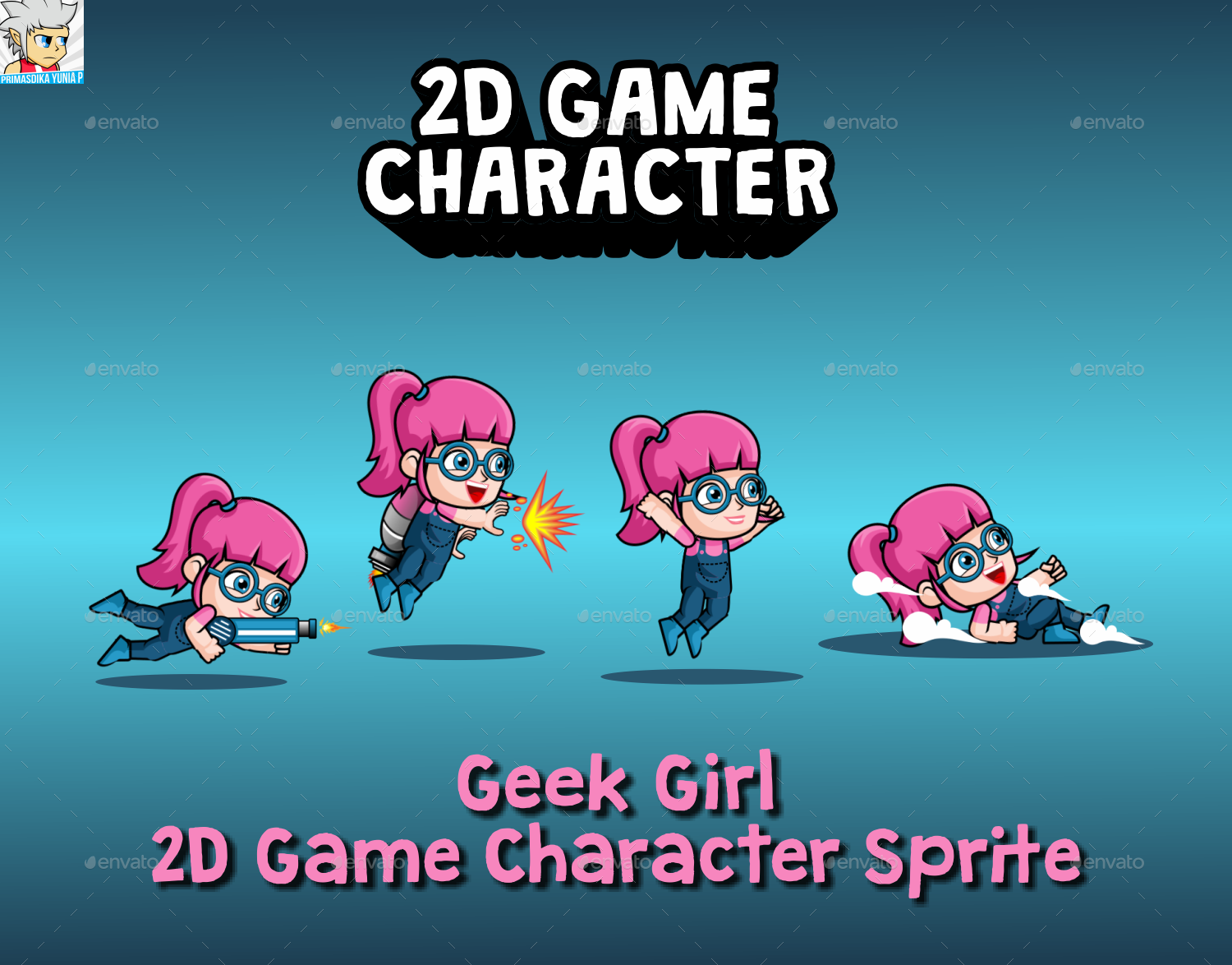 Geek Girl 2D Game Character Sprite, Game Assets | GraphicRiver