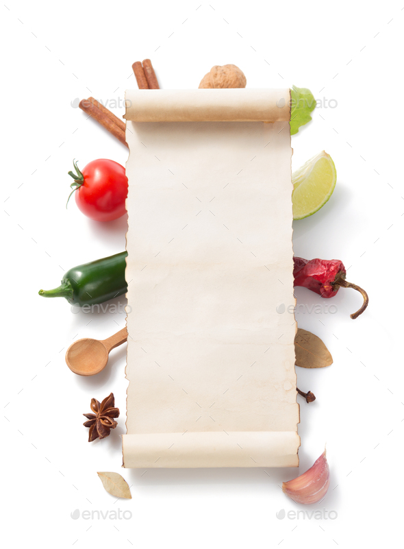 parchment scroll and food ingredient Stock Photo by seregam | PhotoDune