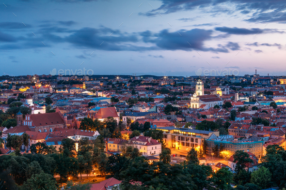 Vilnius, Lithuania. Historic Center Cityscape After Sunset. Old Stock ...