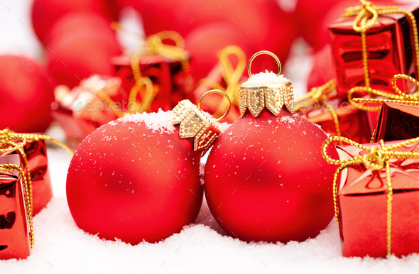 Christmas decorations on snow Stock Photo by photobac | PhotoDune