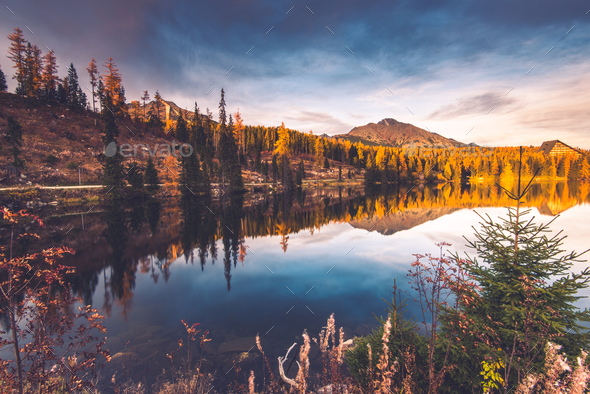 Stnning sunset last golden light over alpine lake nad peaks Stock Photo ...