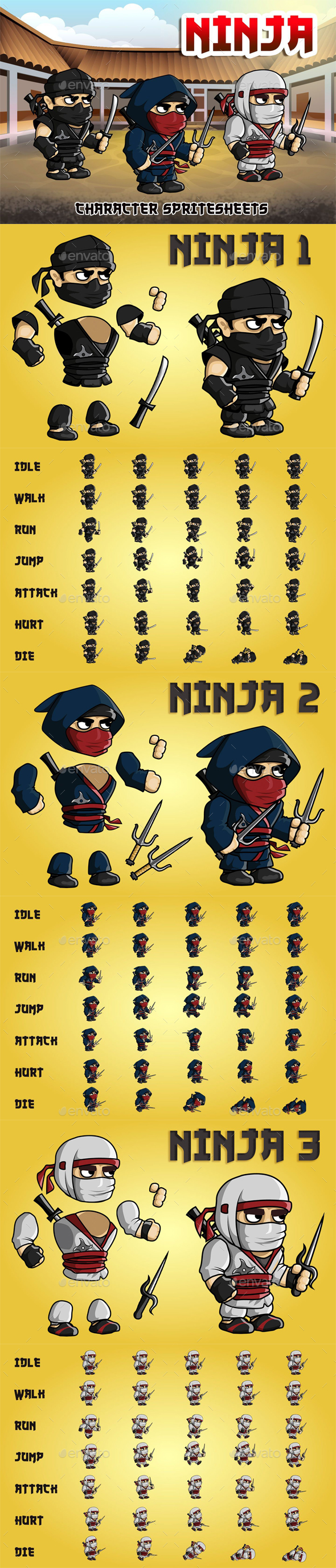 Ninja 2D Game Character Sprite Sheet by craftpix_net | GraphicRiver