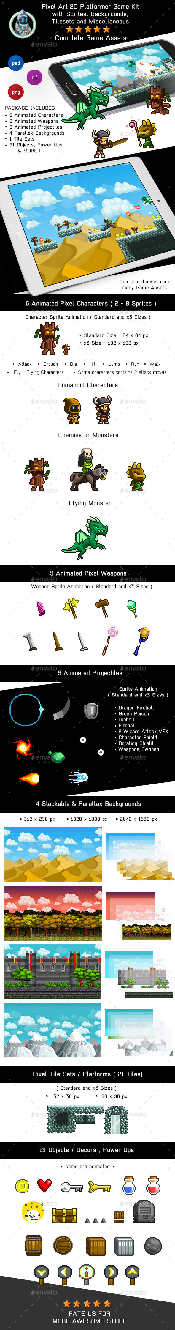 2D Pixel Game Kit 1 of 5 w character sprites & more by Space_Gecko