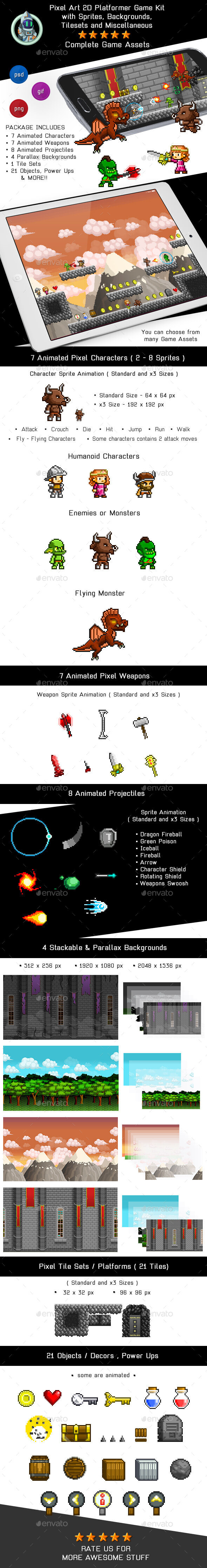 2D Pixel Game Kit 3 of 5 w character sprites & more by Space_Gecko