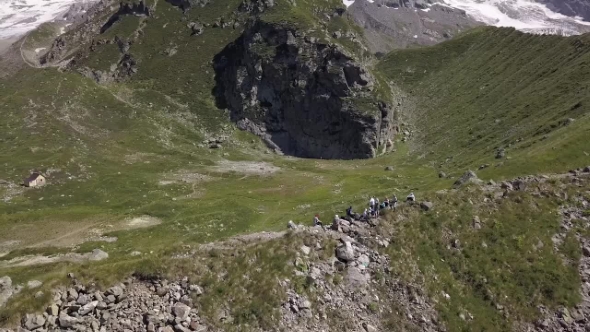 Top View Hiking Group Standing on Mountain Edge. Mountains Landscape ...