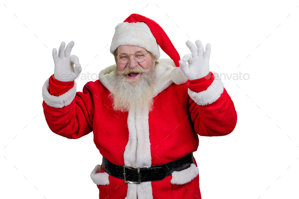 Santa showing ok sign, white background Stock Photo by stockfilmstudio