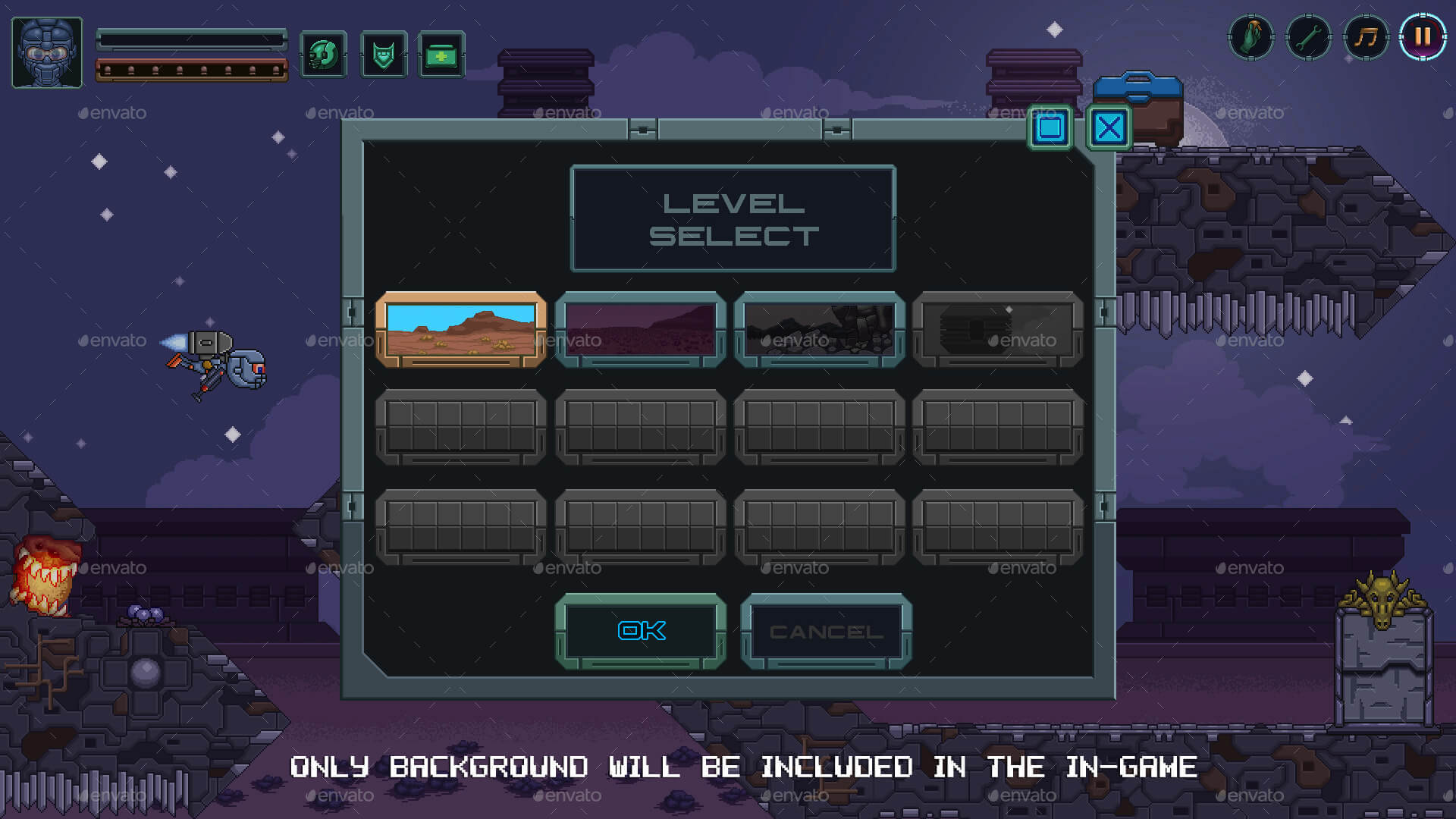 2D Pixel Game GUI Pack with animated icons, buttons and more, Game Assets