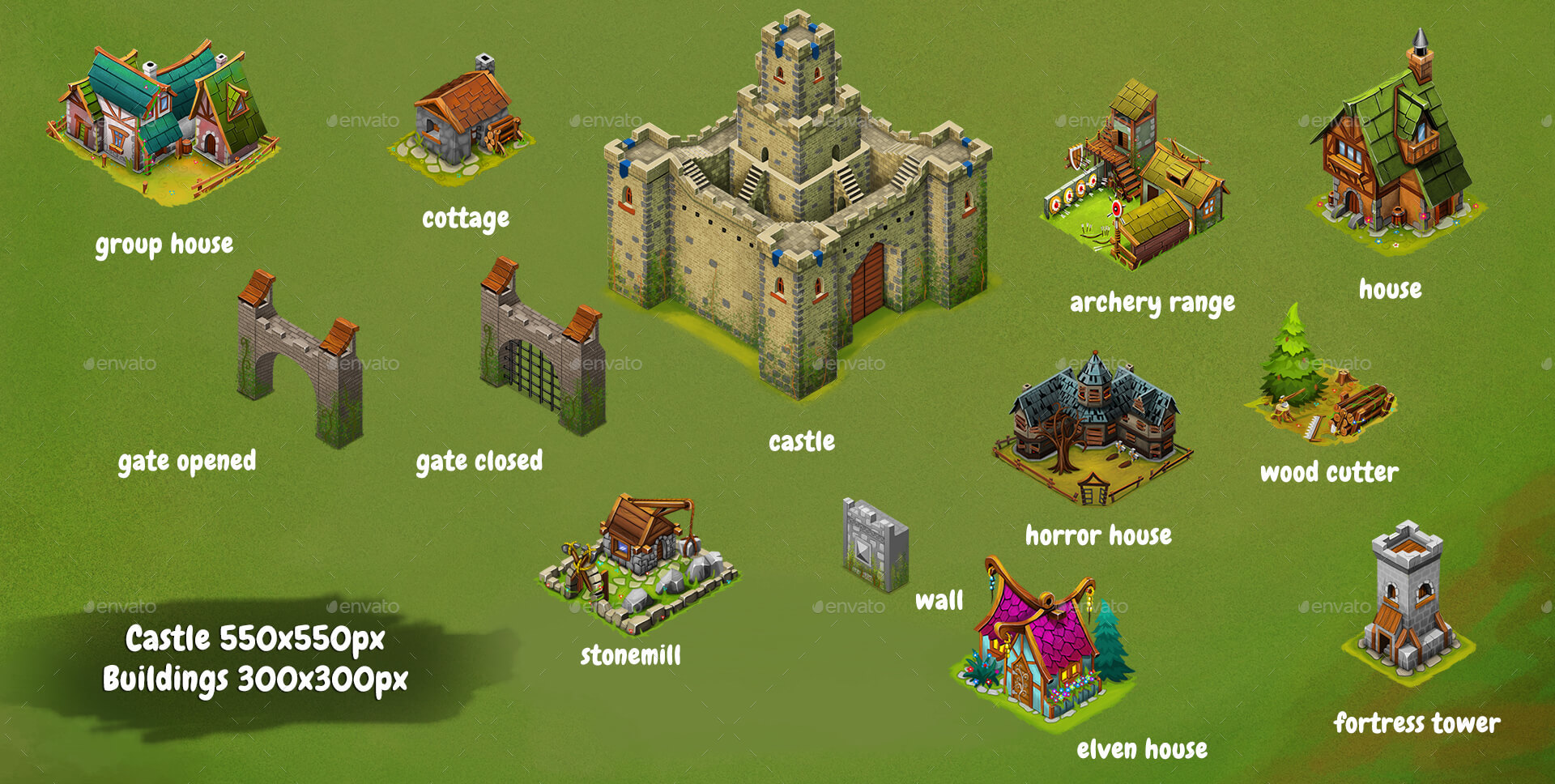 2D Isometric Game Assets Bundle - Towers, Castles, Houses & more, Game ...