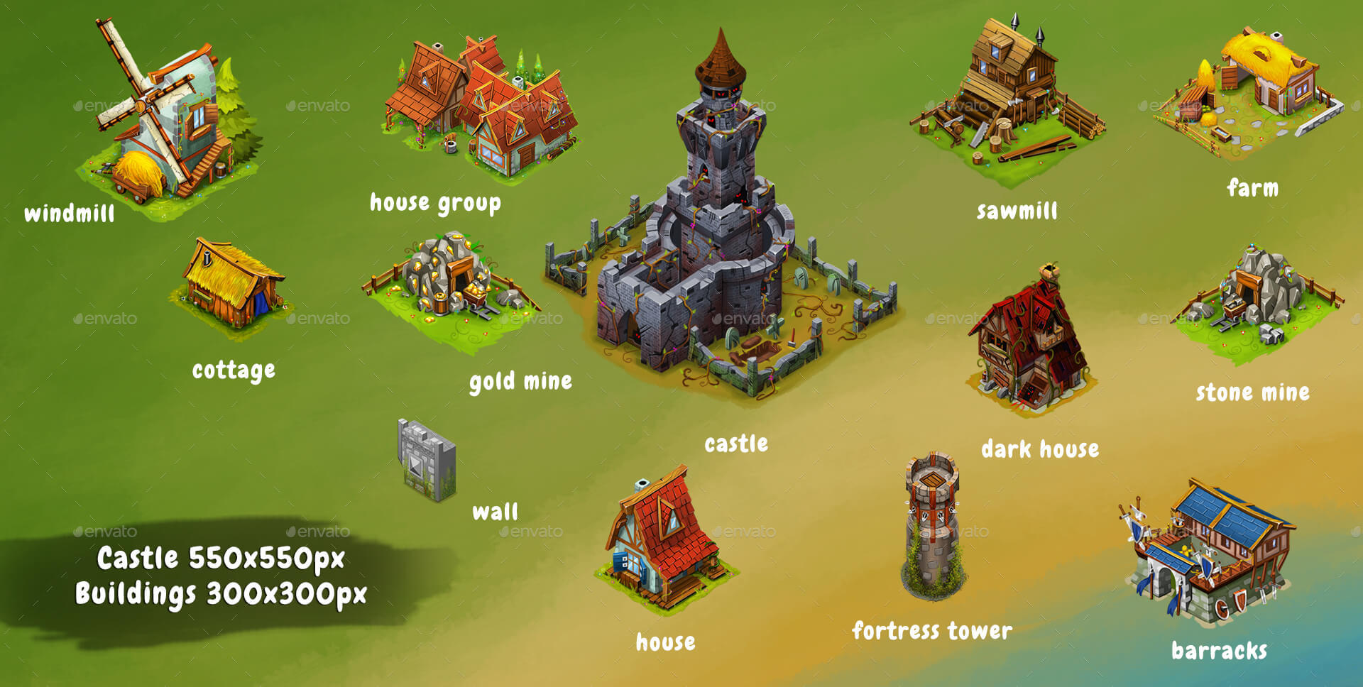 2D Isometric Game Assets Bundle - Towers, Castles, Houses & more, Game ...
