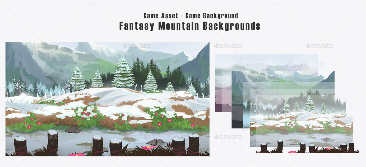 3 Mountain 2D Game Backgrounds - Parallax and Stackable, Game Assets