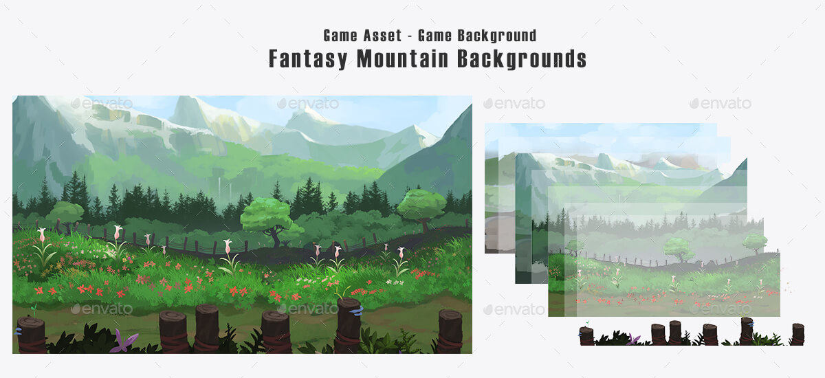 3 Mountain 2D Game Backgrounds - Parallax and Stackable, Game Assets