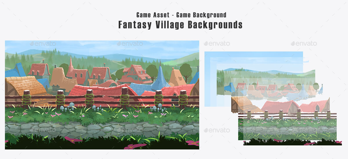 5 Village 2D Game Backgrounds - Parallax and Stackable, Game Assets