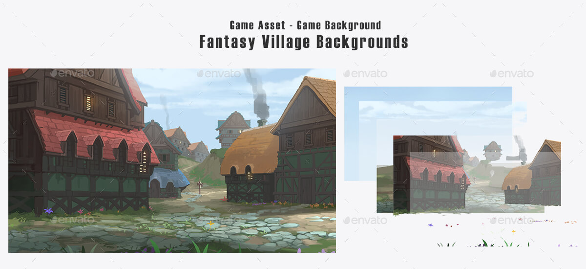 5 Village 2D Game Backgrounds - Parallax and Stackable, Game Assets