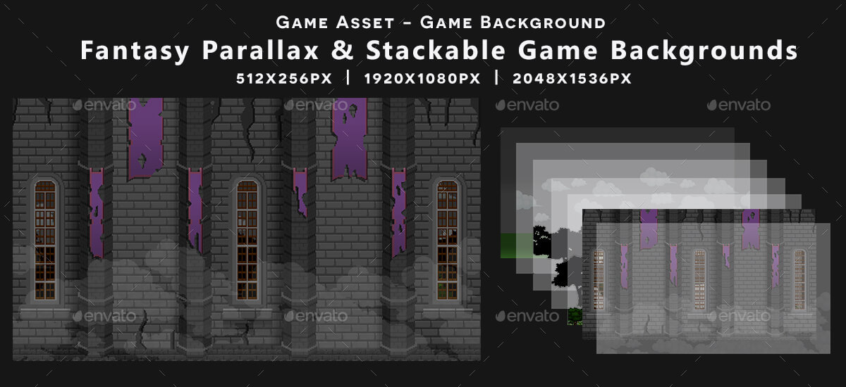 5 Fantasy Pixel Game Backgrounds - Parallax and Stackable, Game Assets