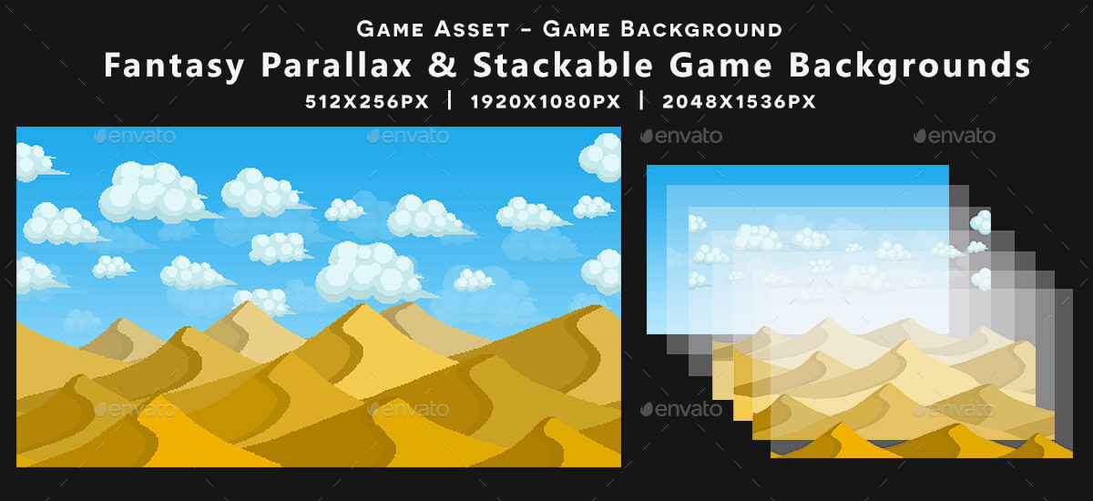 5 Fantasy Pixel Game Backgrounds - Parallax and Stackable, Game Assets