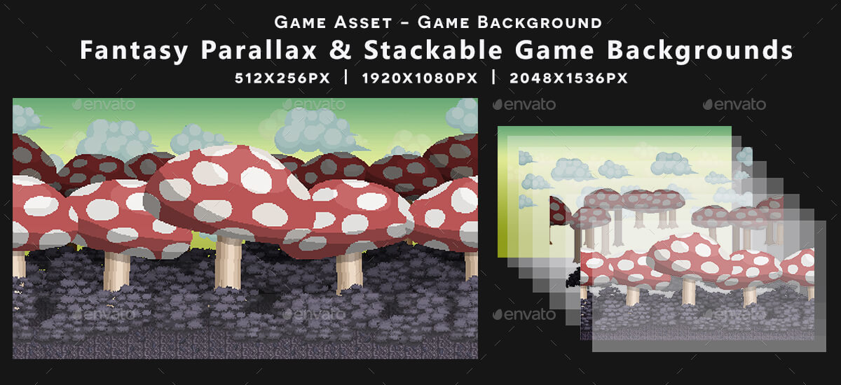 5 Fantasy Pixel Game Backgrounds - Parallax and Stackable, Game Assets