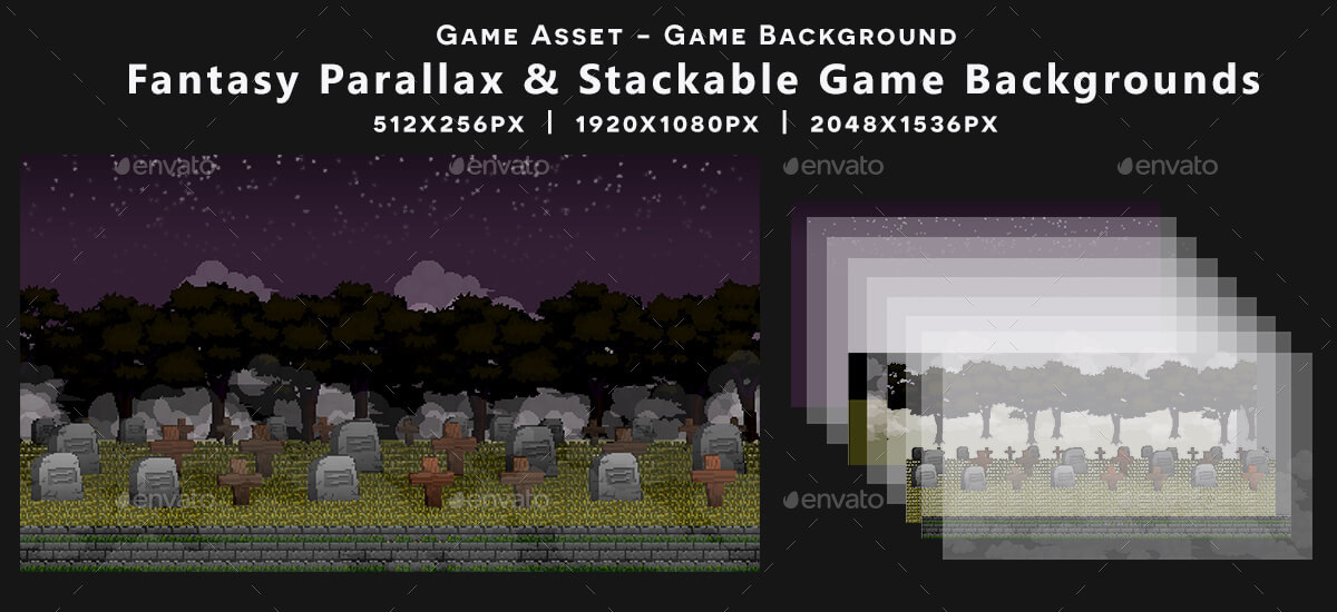 5 Fantasy Pixel Game Backgrounds - Parallax and Stackable, Game Assets